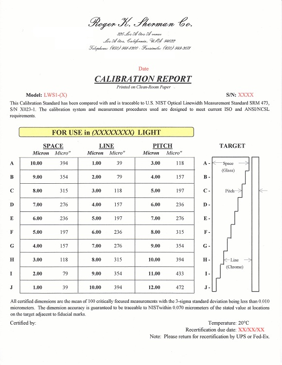 Models LWS1-X Calibration Report Sample